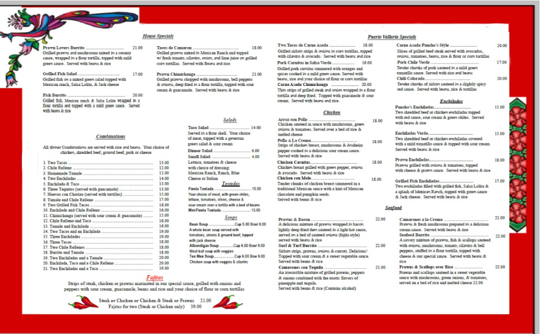 Take Out Menu Back - Pancho's Mexican Restaurant Brookings, Or